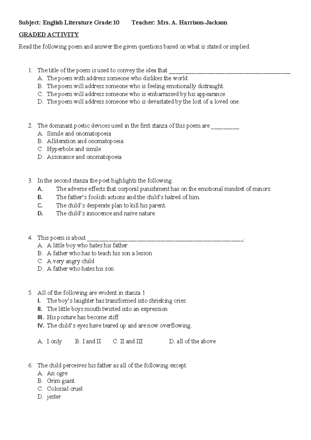 Questions on the Poem "Little Boy Crying" - Grade 10 English Literature ...