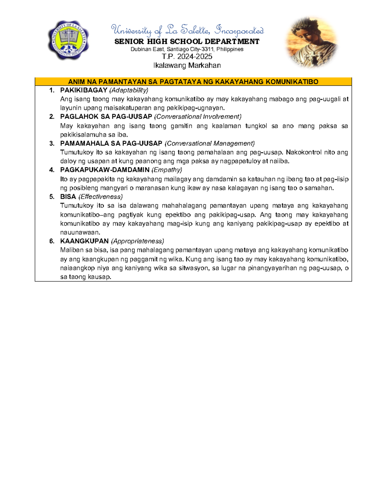 Anim na Pamantayan sa Pagtataya ng Kakayahang Komunikatibo Handout ...