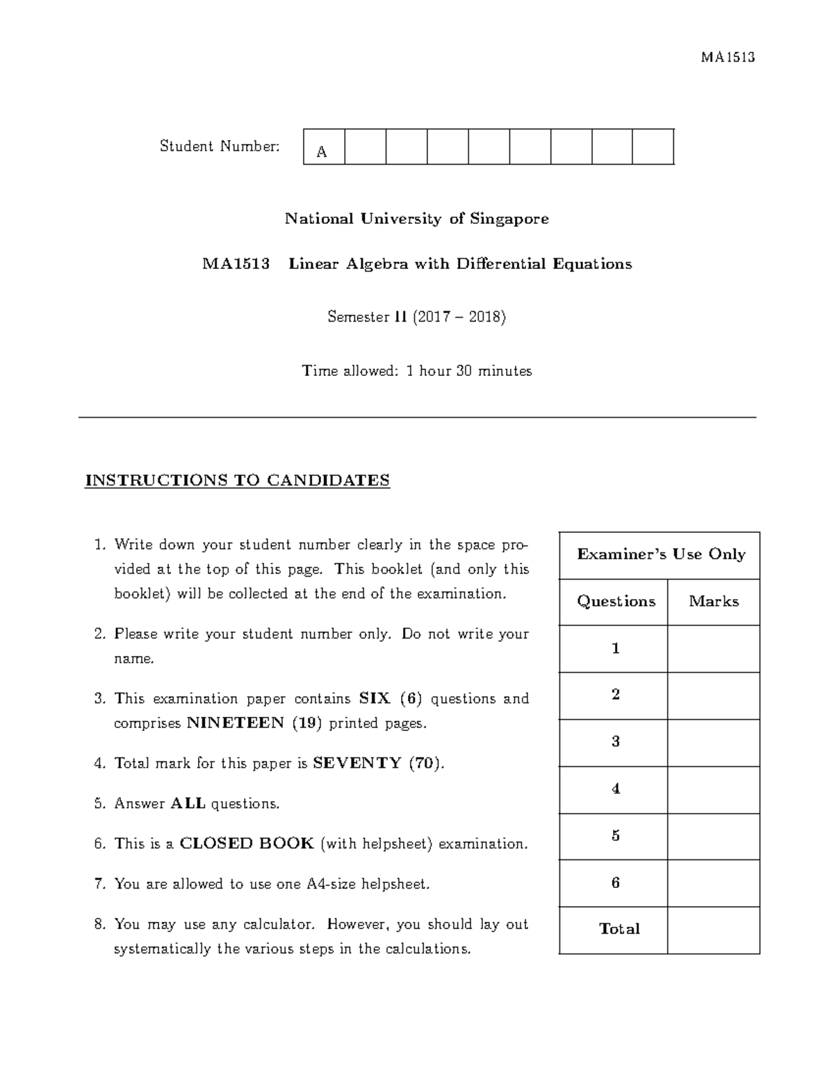 MA1513 (2017/2018 Sem II) Exam Solutions: Linear Algebra & DEs - Studocu