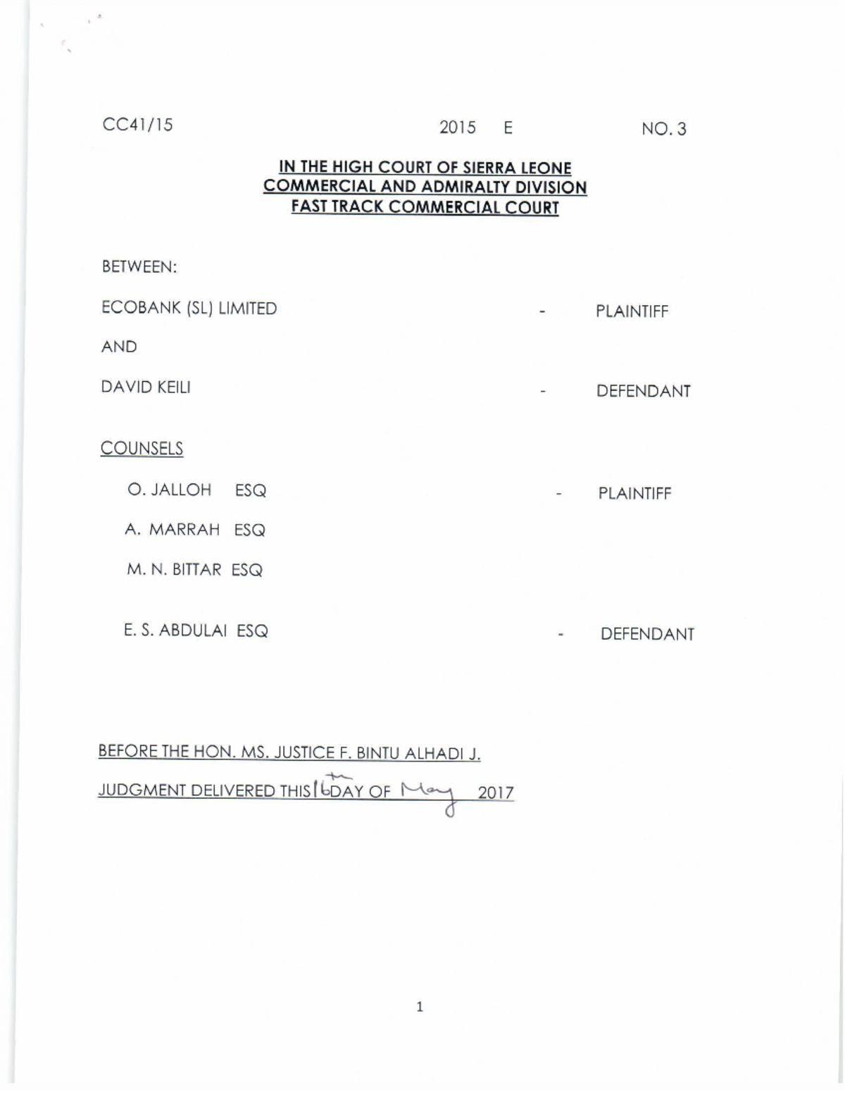 Eco Bank (SL) Ltd v David Keili: Judgment Analysis (CC 41 of 2015 ...