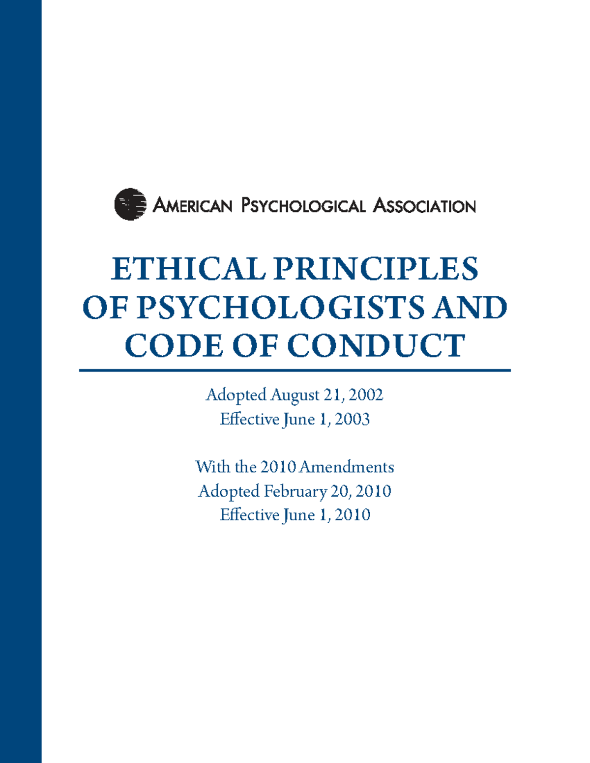 Ethical Principles of Psychologists: Code of Conduct (APA 2010 Amendments) - Studocu