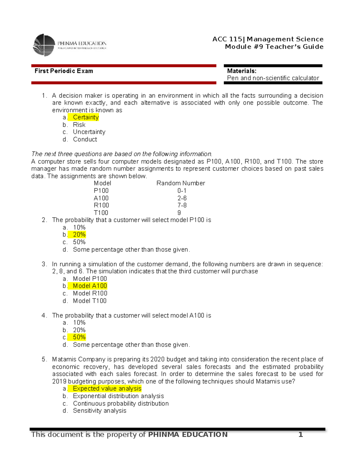 ACC115 Management Science 1st Periodic Exam Study Guide - Studocu