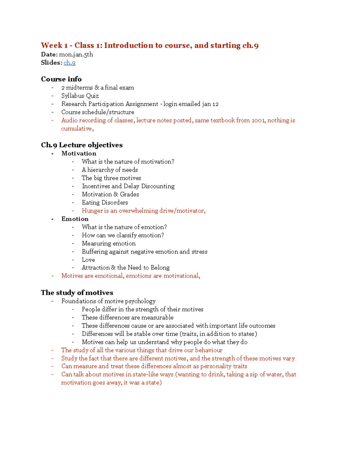 PSYC 1002 - Chapter 9 & 10 Lecture Notes: Motivation & Development ...