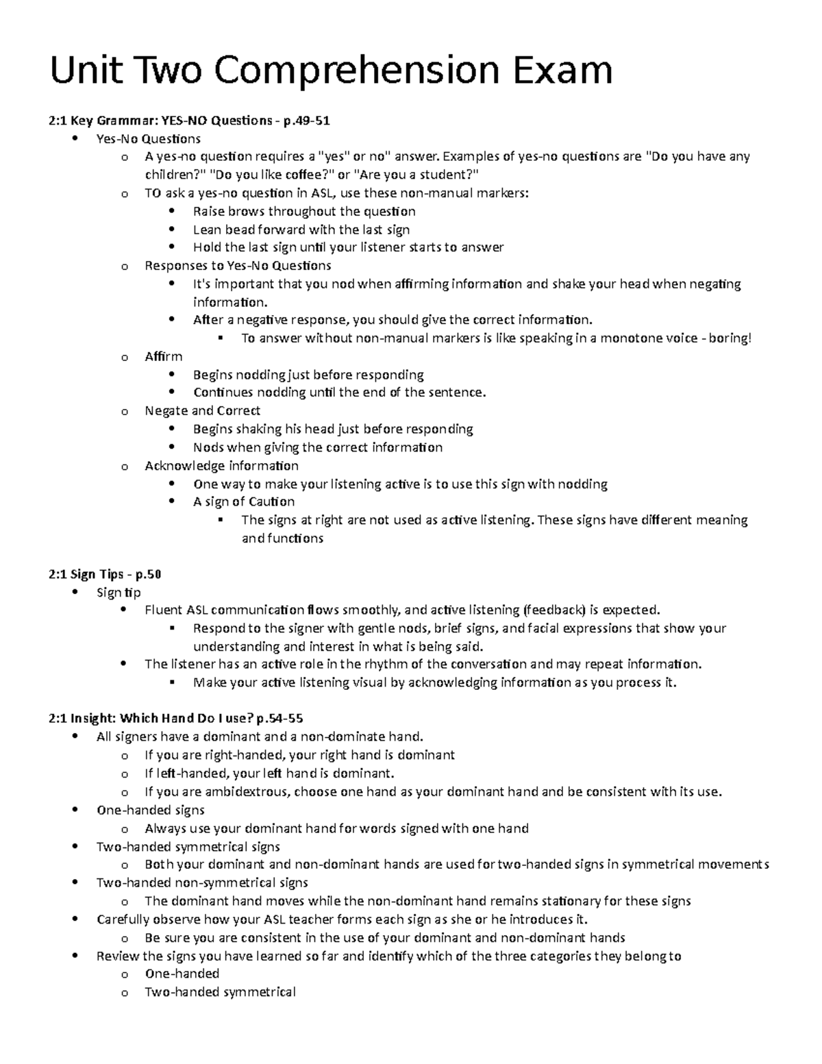 ASL 101 Unit Two Comprehension Exam Study Guide - Studocu