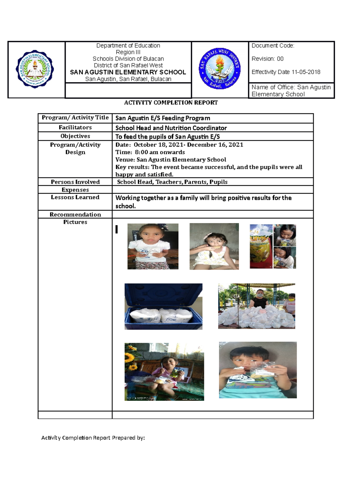 ACR-Feeding-1: Activity Report on San Agustin E/S Feeding Program - Studocu