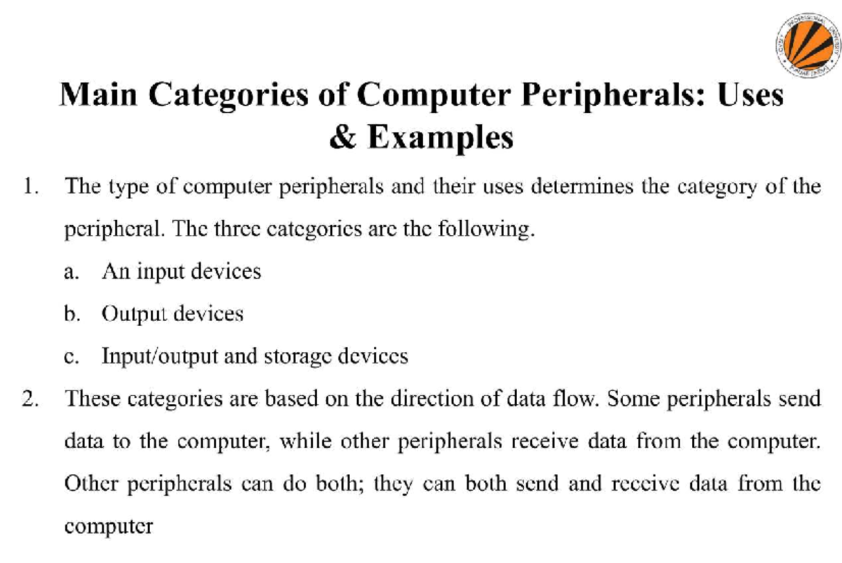 CSE111 Unit-1 Revision - Btech Cse - Main Categories of Computer Peripherals: Uses Examples The ...