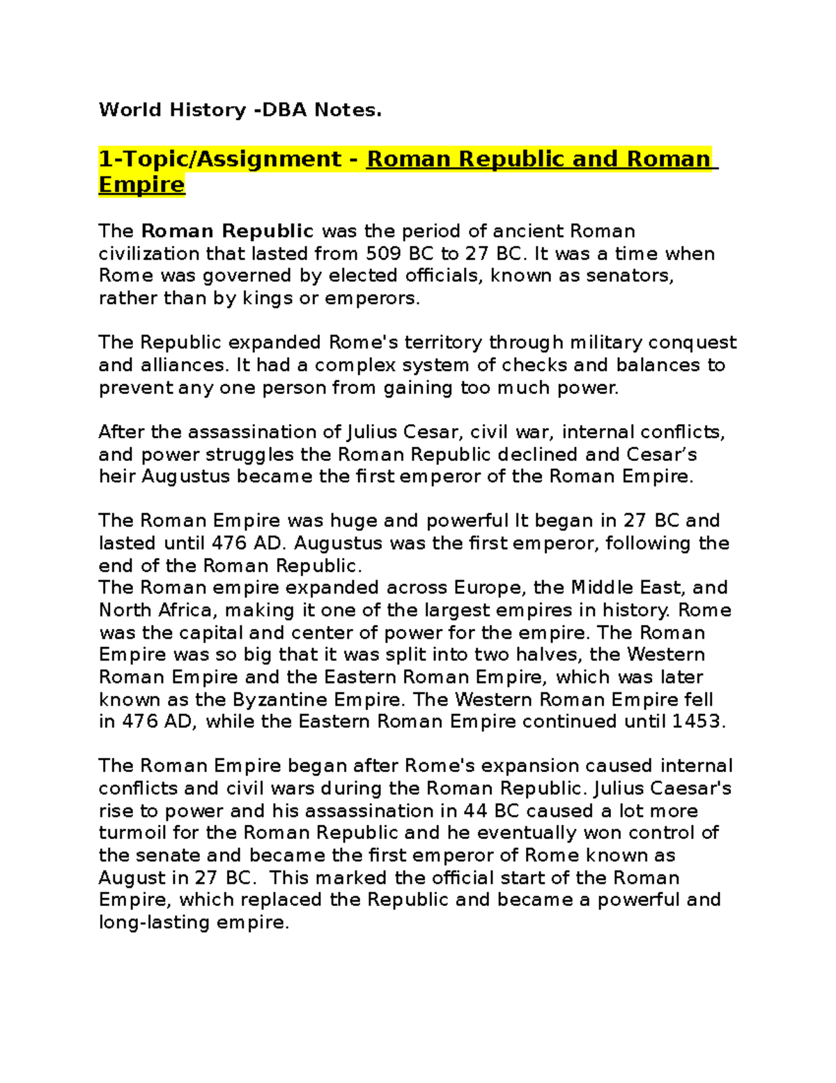 World History DBA #1 Study Notes: Roman Republic & Empires - Studocu
