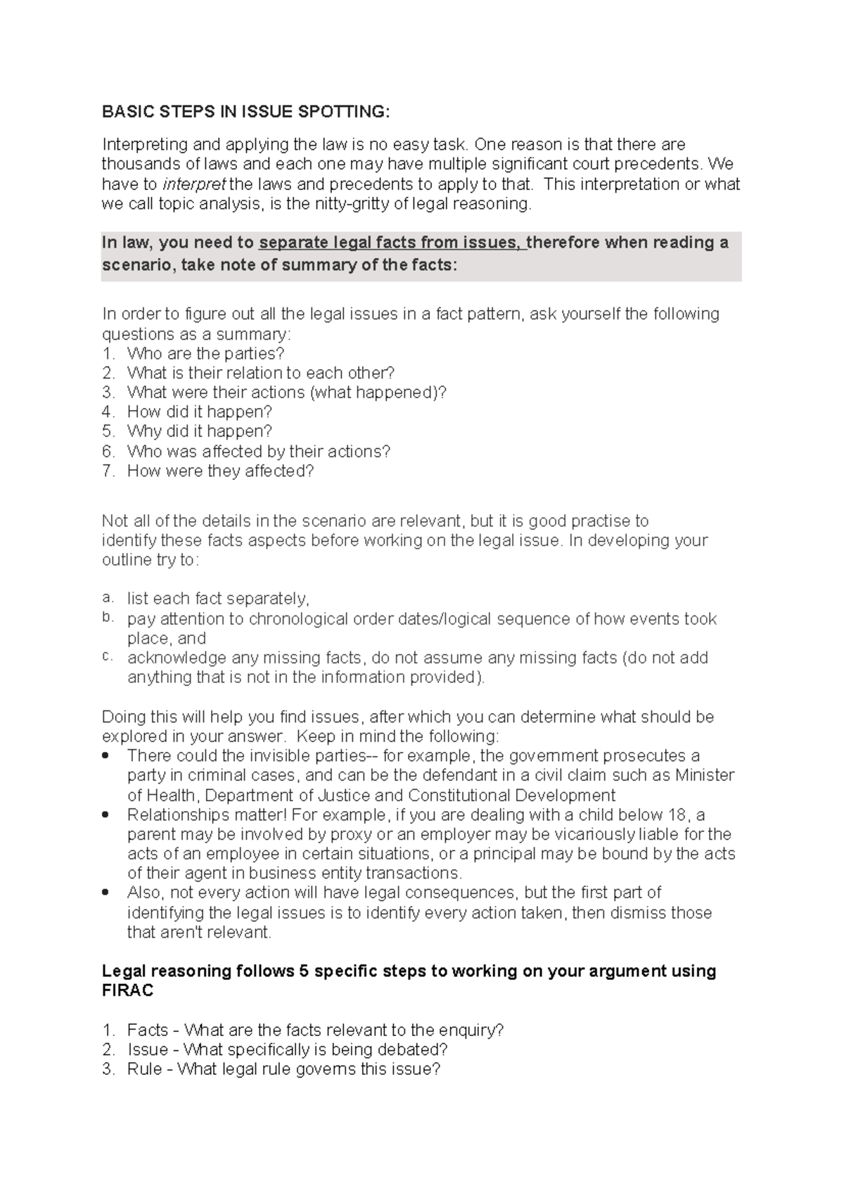 BASIC STEPS IN ISSUE SPOTTING: A FIRAC Approach to Legal Reasoning ...