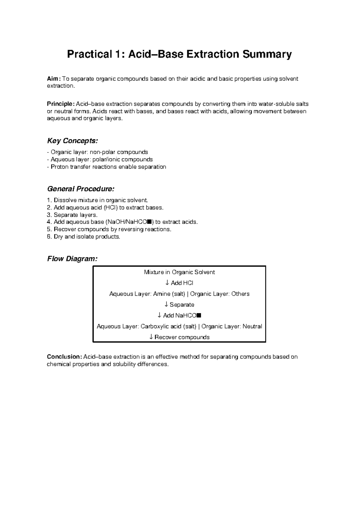Practical 1: Acid-Base Extraction Summary and Procedure - Studocu