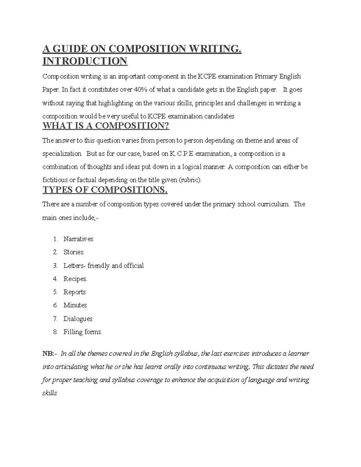 KCPE Composition Writing Guide: Skills, Types, and Tips - Studocu