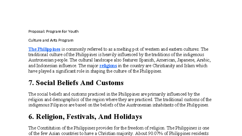 Proposal: Youth Culture and Arts Program in the Philippines - Studocu