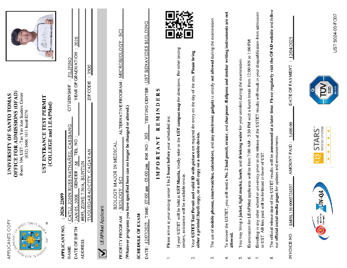 USTET Entrance Test Permit for LEAPMed Applicant - John Catli - Studocu