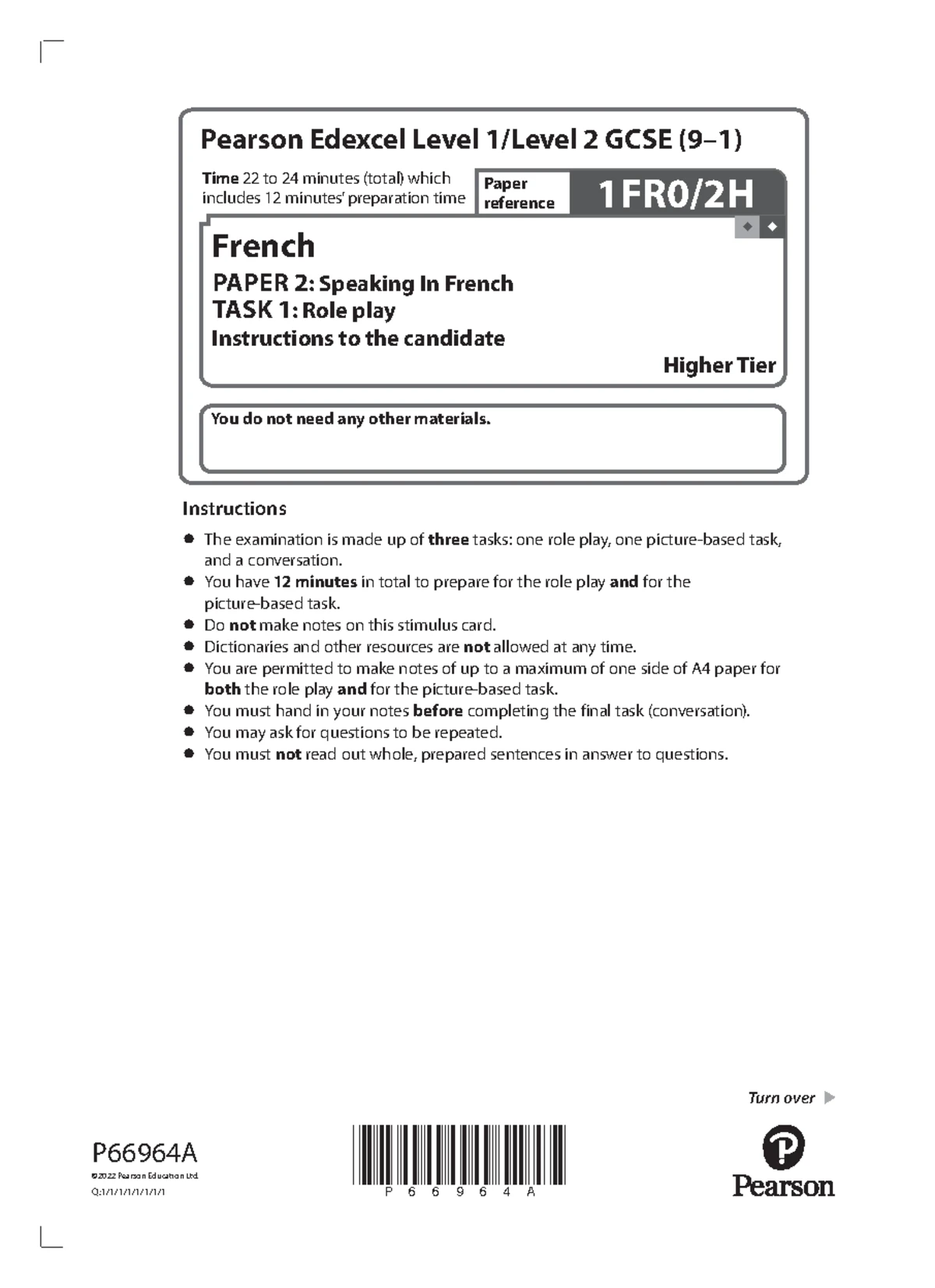 P66964 A GCSE French 1FR0 2H Candidates Role Play Cards 2022 - Turn ...