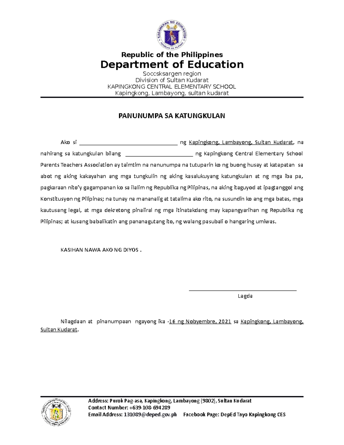 Panunumpa sa Katungkulan ng PTA sa Kapingkong Central ES - Studocu
