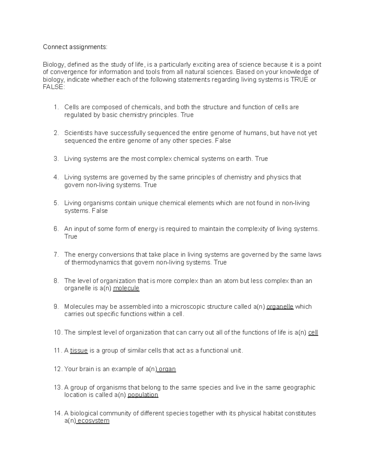 Biology Connect Assignments: Living Systems and Atoms - Studocu