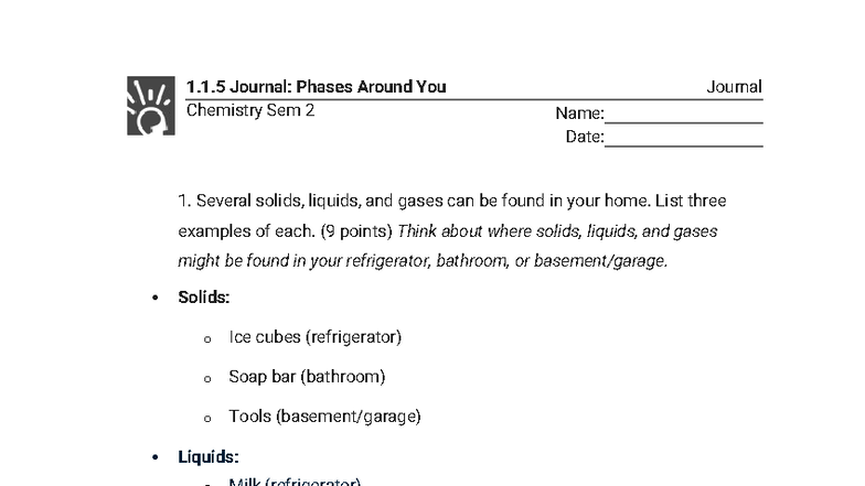 Chemistry Sem 2 Journal: Phases of Matter Around You - Studocu