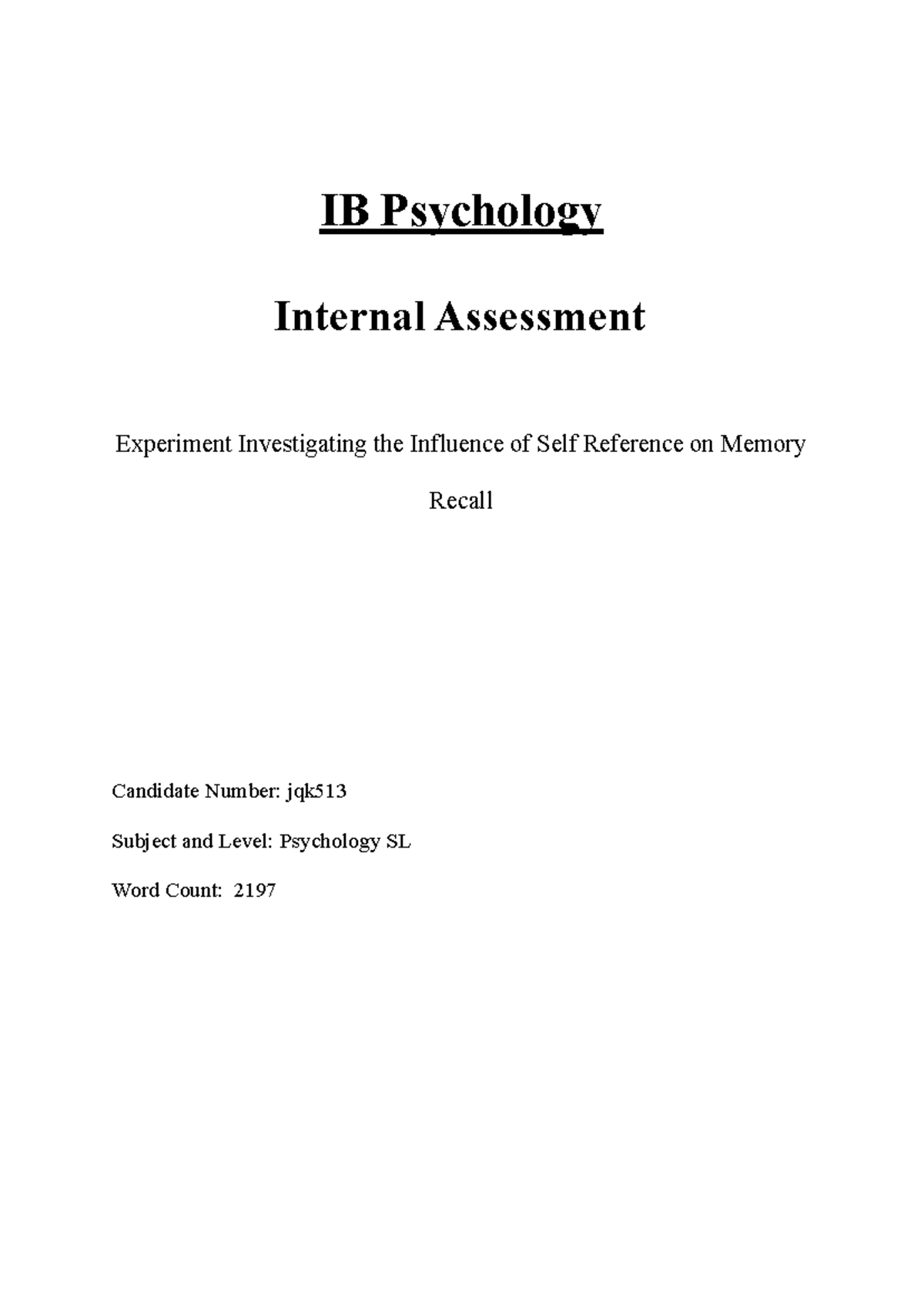 IB Psychology IA, (internal assesment), report study - IB Psychology ...