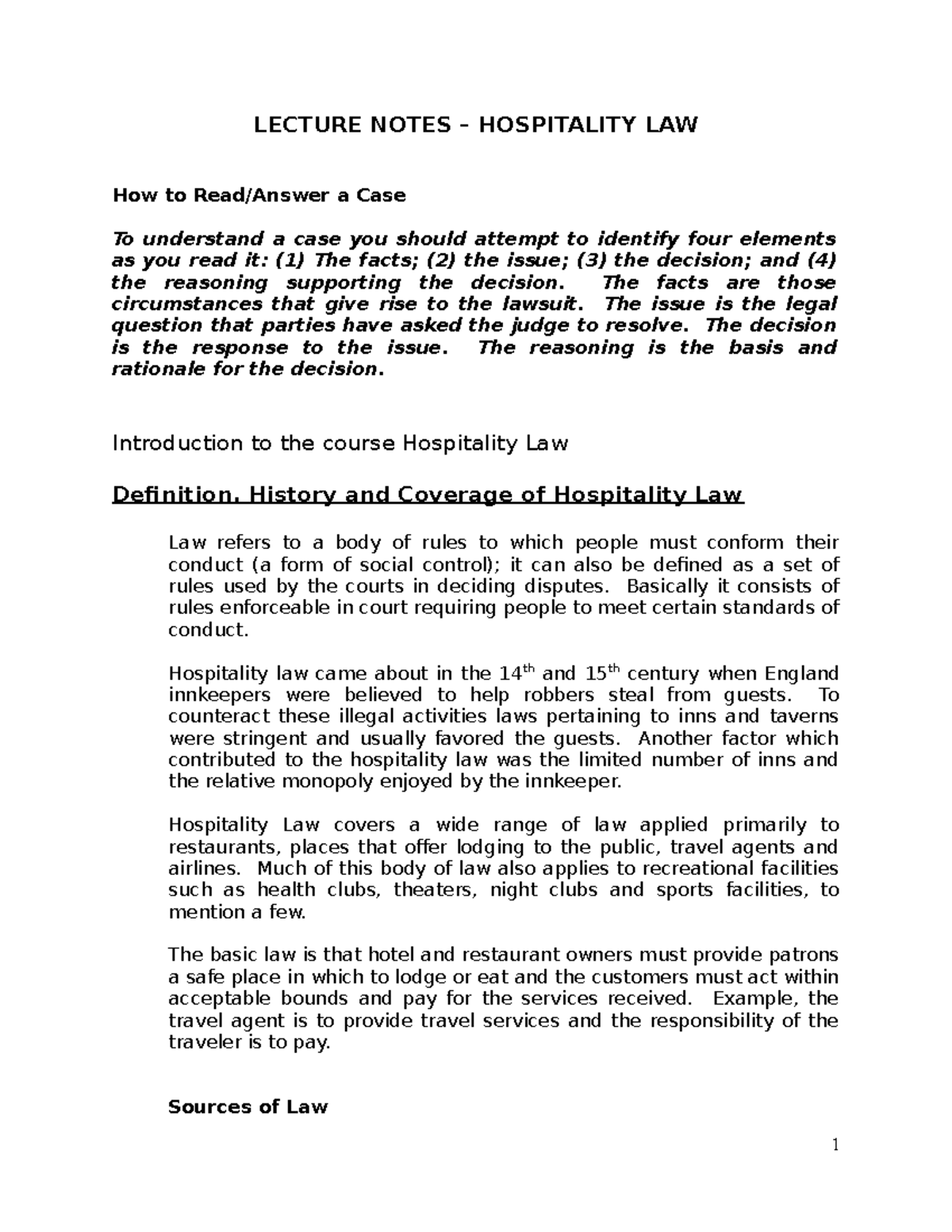 Hospitality Law Lecture Notes (Course Code: HOSP 101) - Studocu