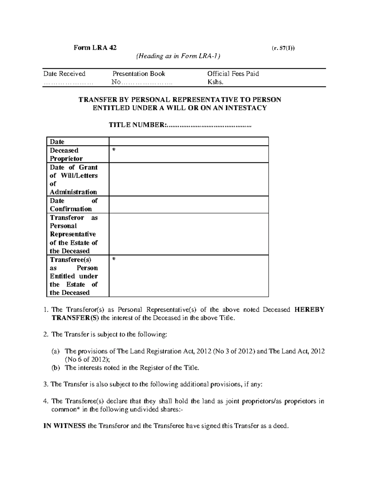 Form-LRA-42 forms to effect transfer - Form LRA 42 (r. 57(1)) (Heading ...