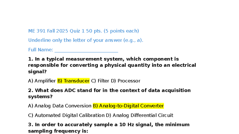 ME 391 Fall 2025 Quiz Compilation - Answers for Quizzes 1-4 - Studocu