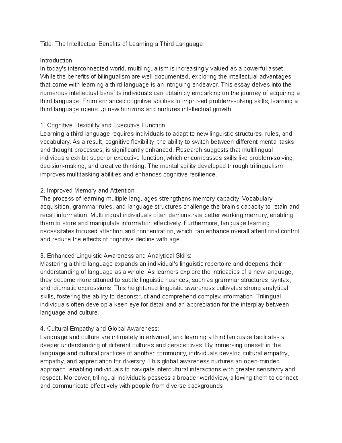 Intellectual Advantages of Learning a Third Language: An Essay - Studocu