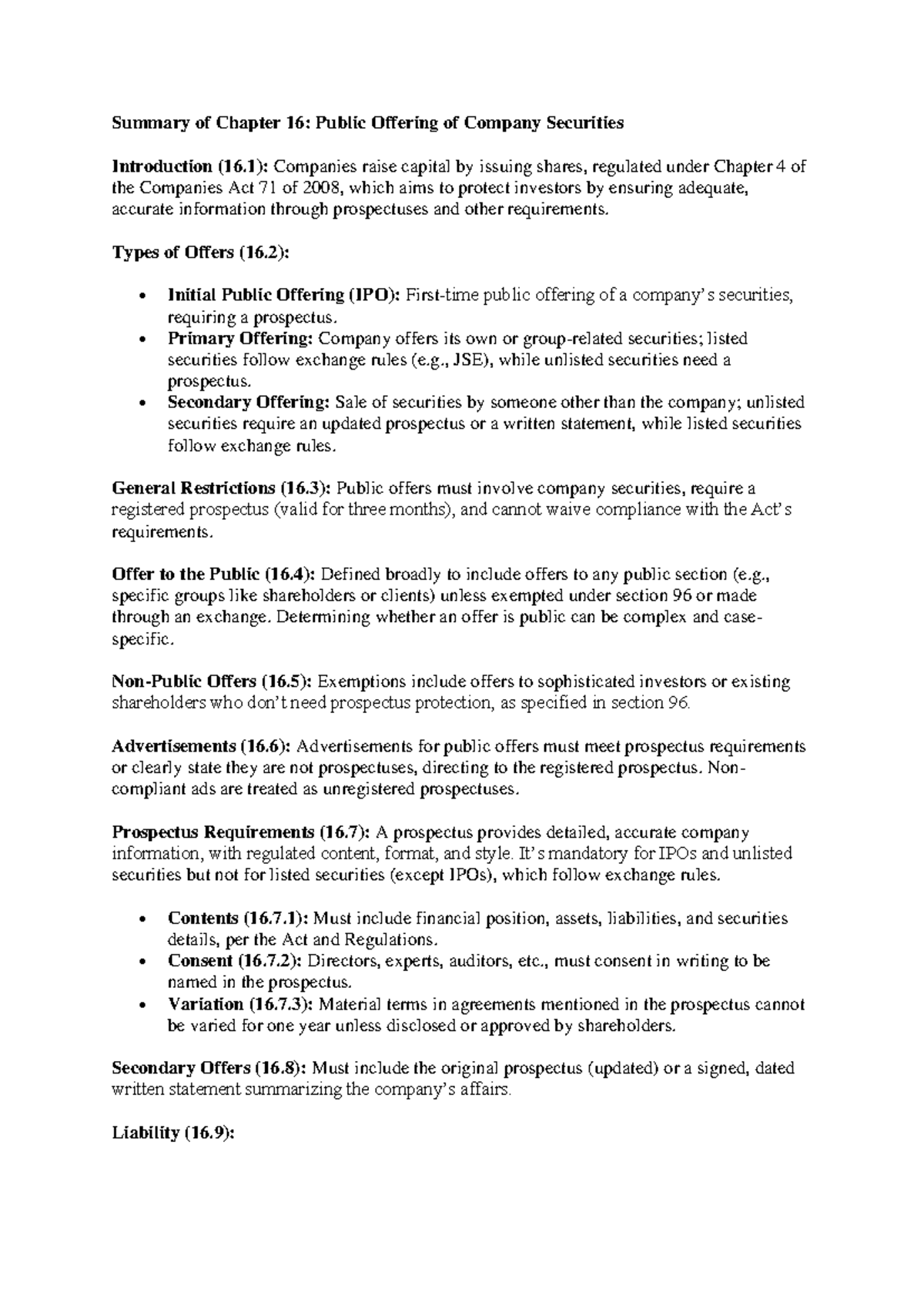 Summary of Chapter 16: Public Offering of Company Securities - Studocu