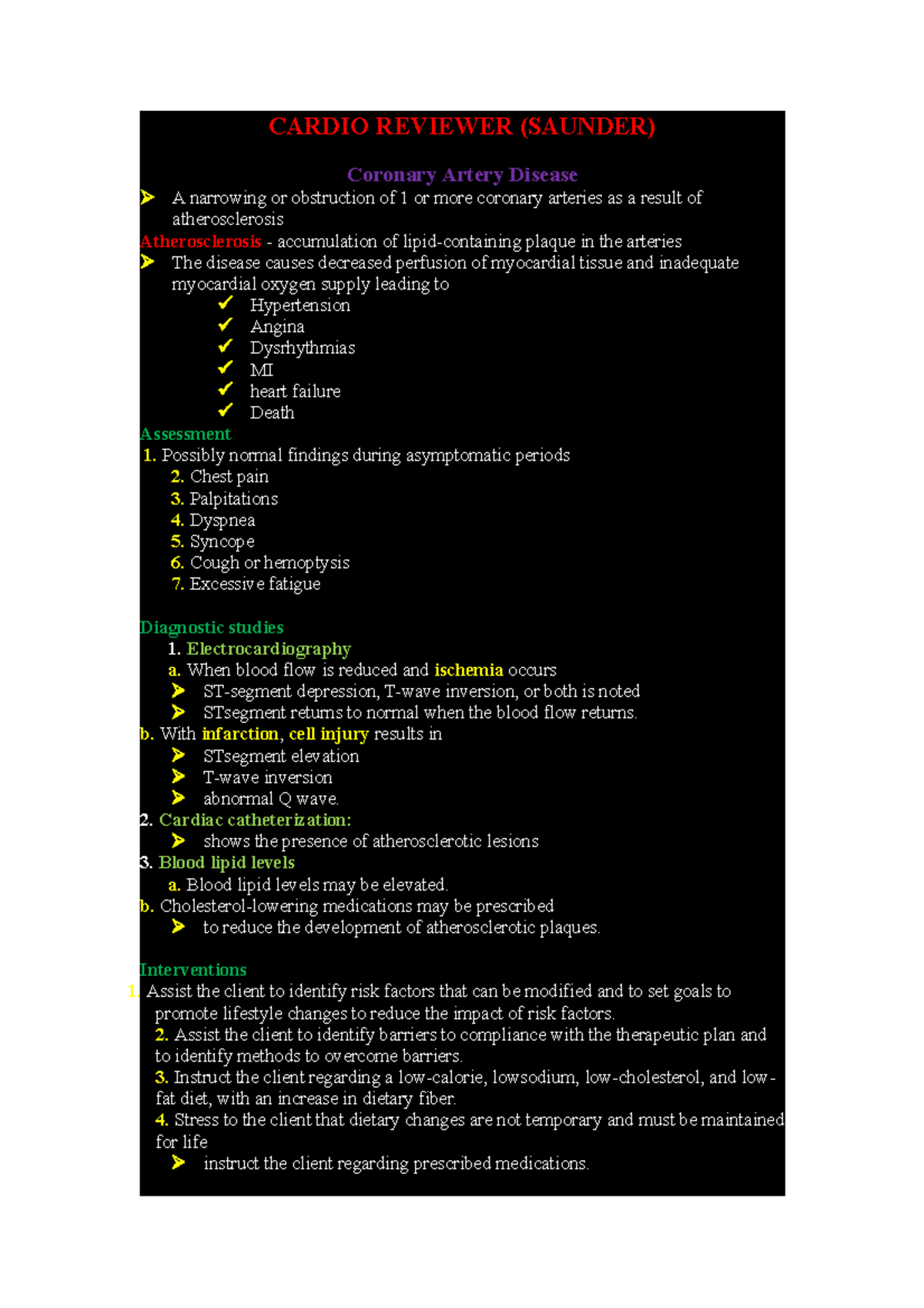 Cardio Review Notes for Coronary Artery Disease & Heart Failure ...