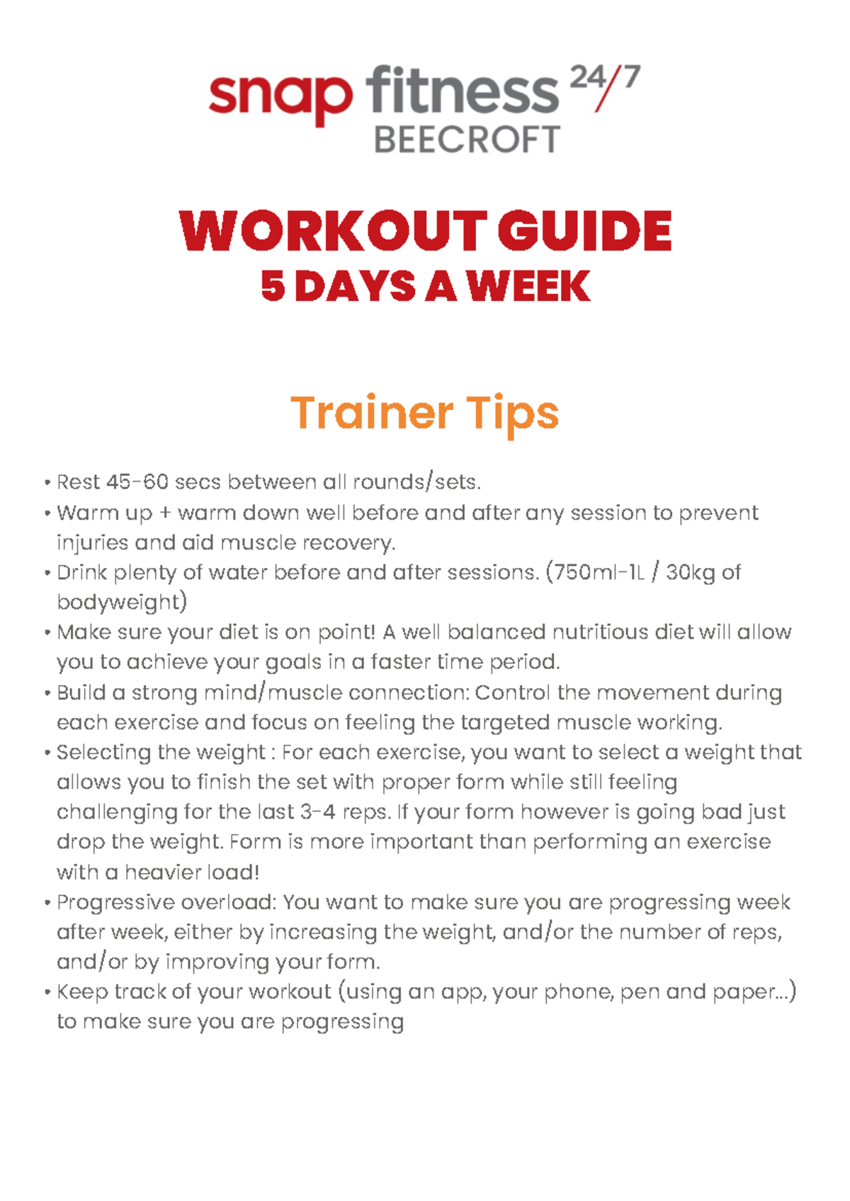 Workout Guide 5 days per week for Web - WORKOUT GUIDE Trainer Tips ...