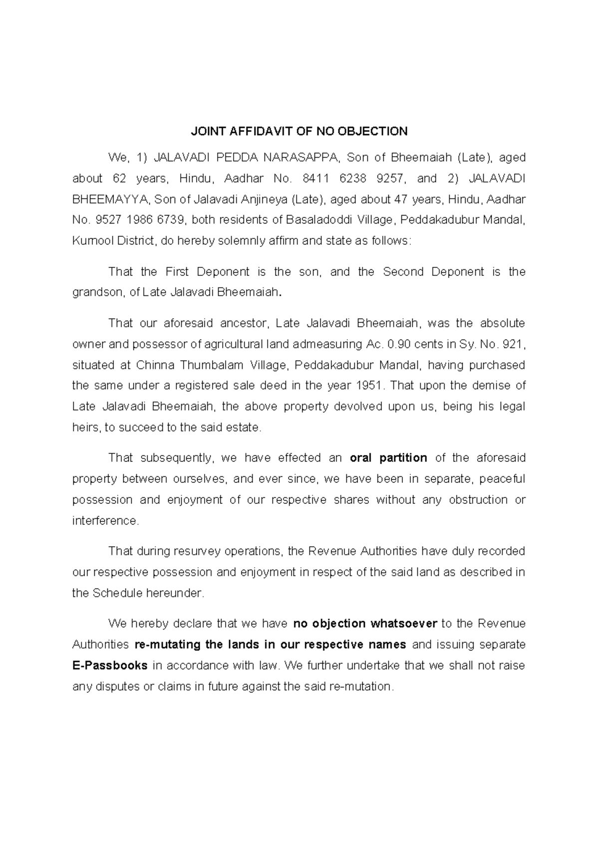 JOINT AFFIDAVIT OF NO OBJECTION - LAND OWNERSHIP DECLARATION - Studocu