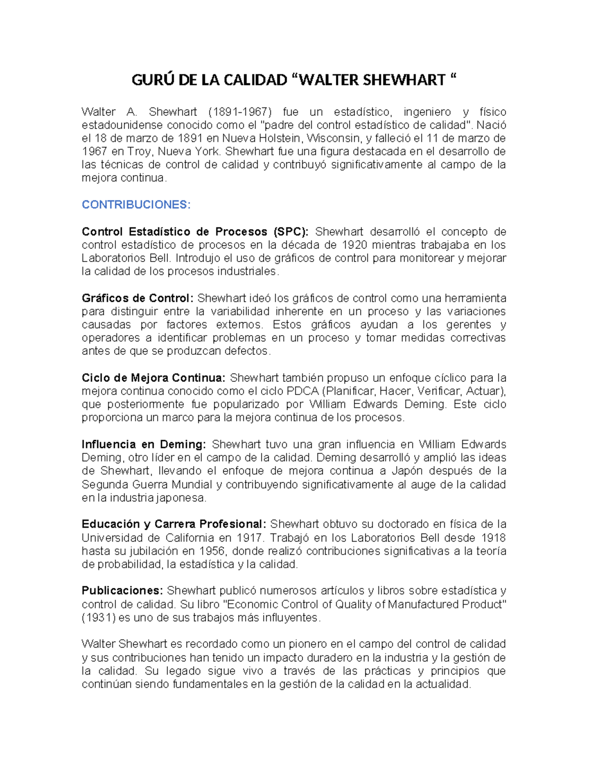 GURÚ DE LA CALIDAD: Aportaciones de Walter Shewhart al SPC - Studocu