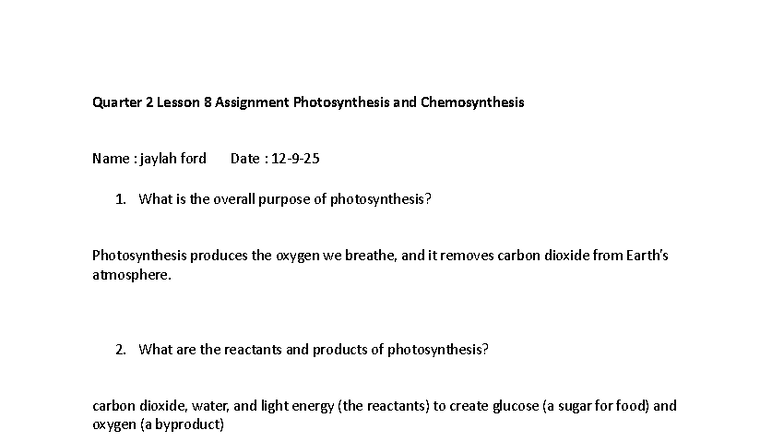 Quarter 2 Lesson 8 Assignment: Photosynthesis vs. Chemosynthesis - Studocu
