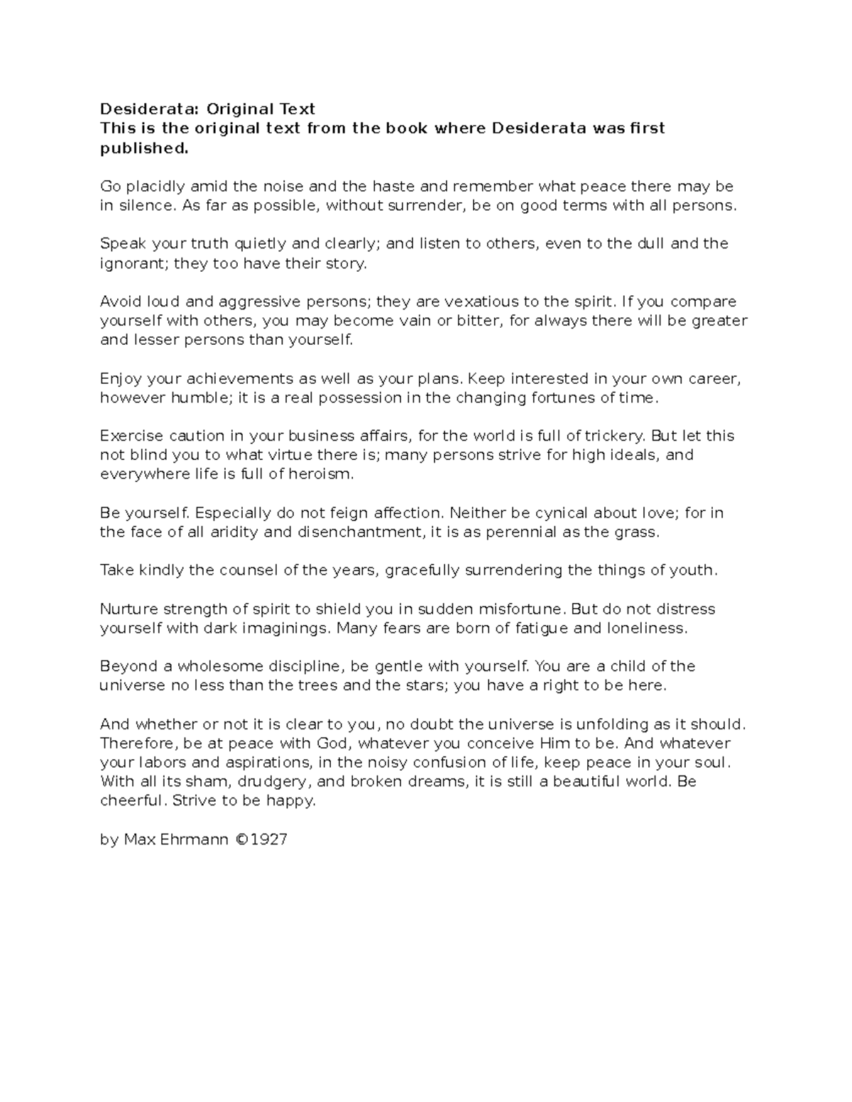 Desiderata: Original Text Notes and Analysis - Studocu