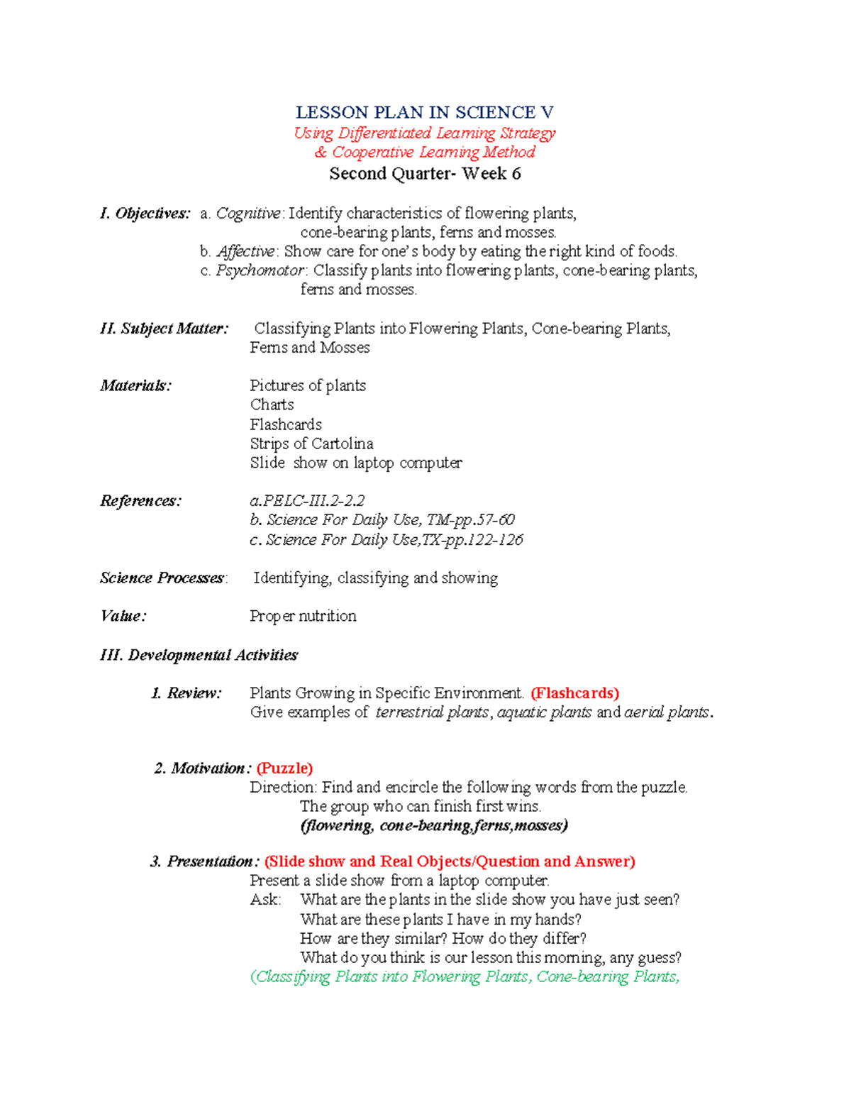 Lesson Plan in Science V Q2 W6: Differentiated Learning on Plants - Studocu