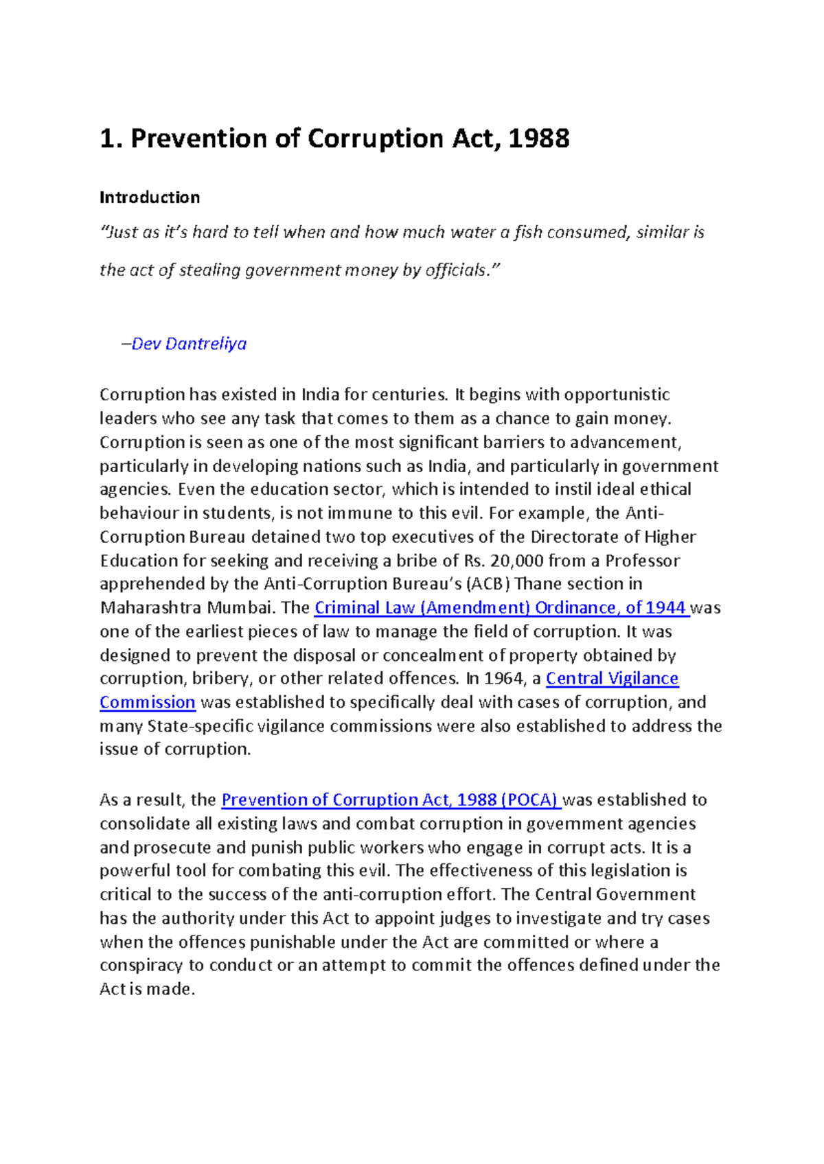 WCC 2 - Notes on the Prevention of Corruption Act, 1988: Overview ...
