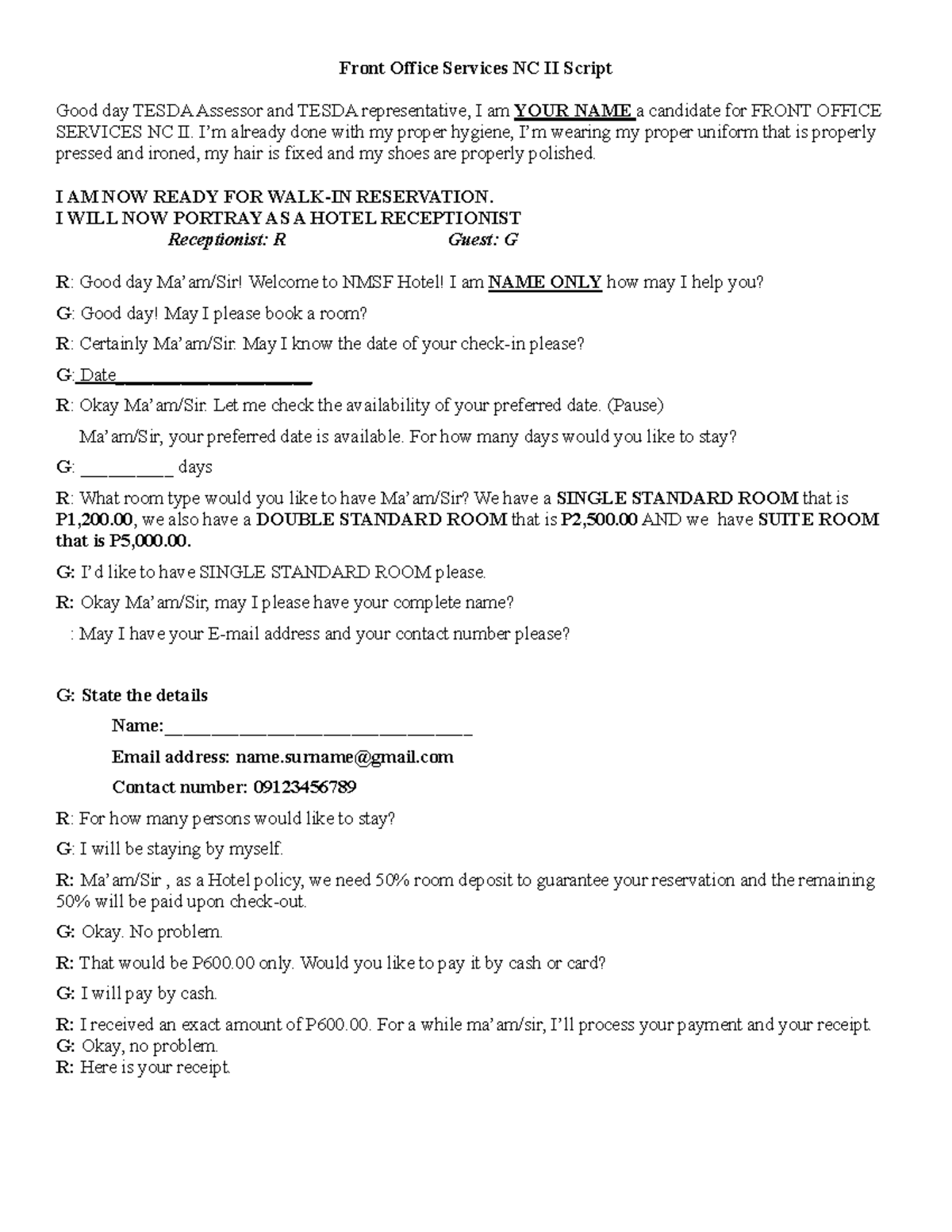 Front Office Services NC II Role Play Script - Studocu
