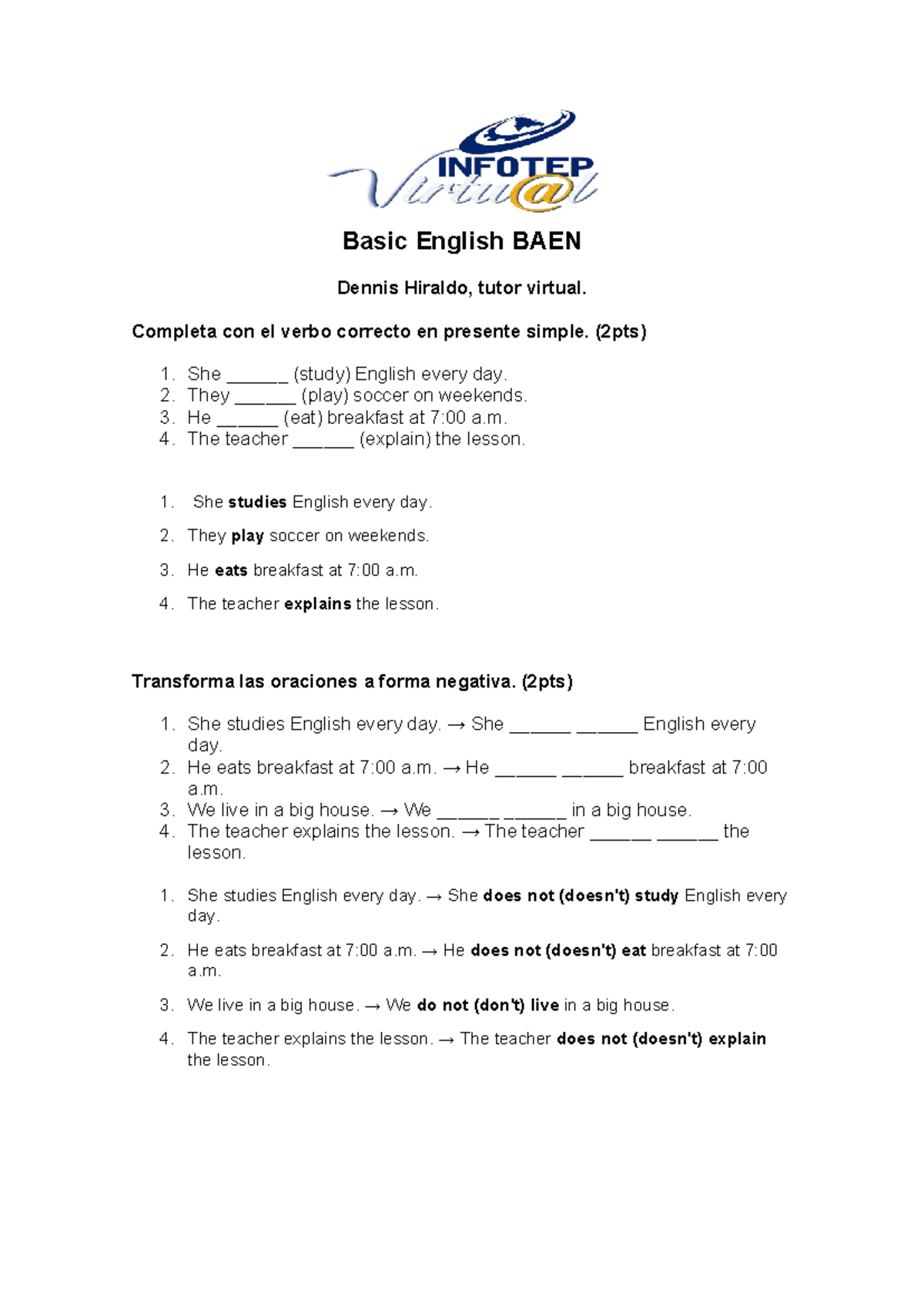 Basic English BAEN: Simple Present Exercises by Yorkirania Tejeda - Studocu