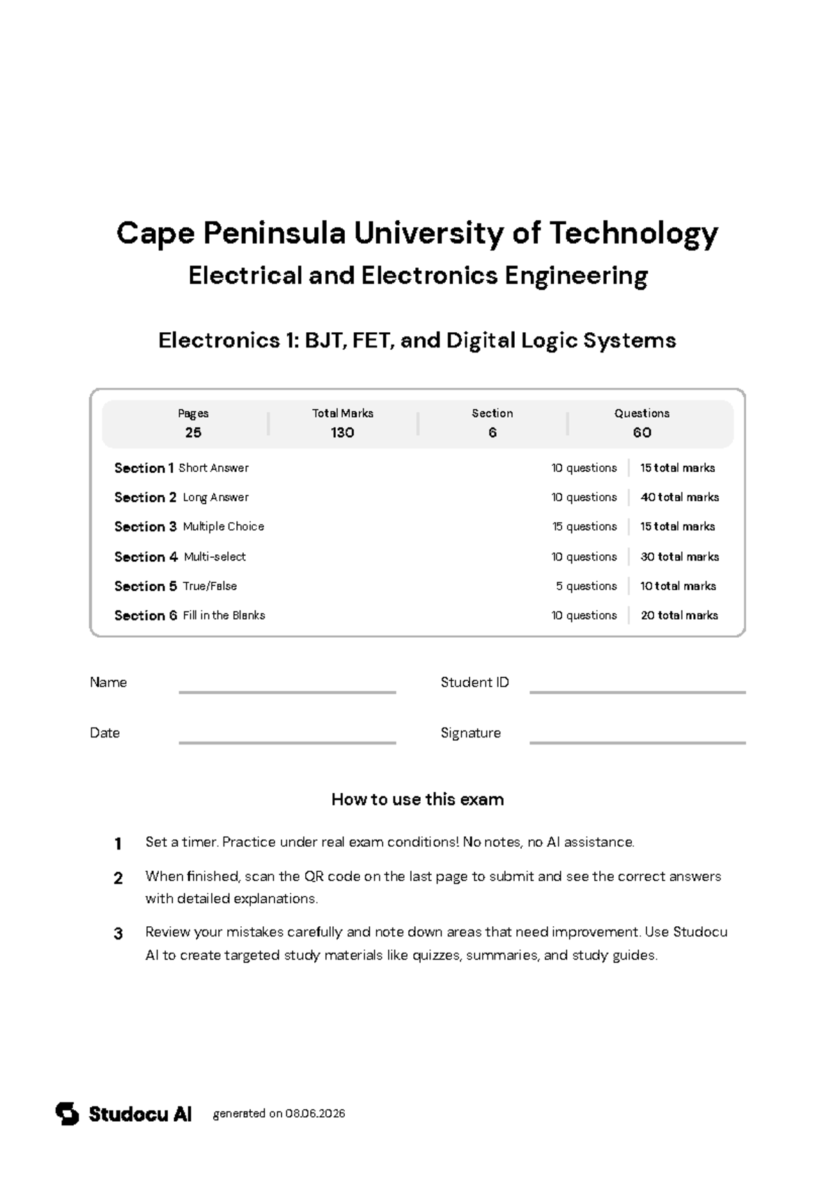 Electronics 1: Final Exam on BJT, FET, and Digital Logic - Studocu