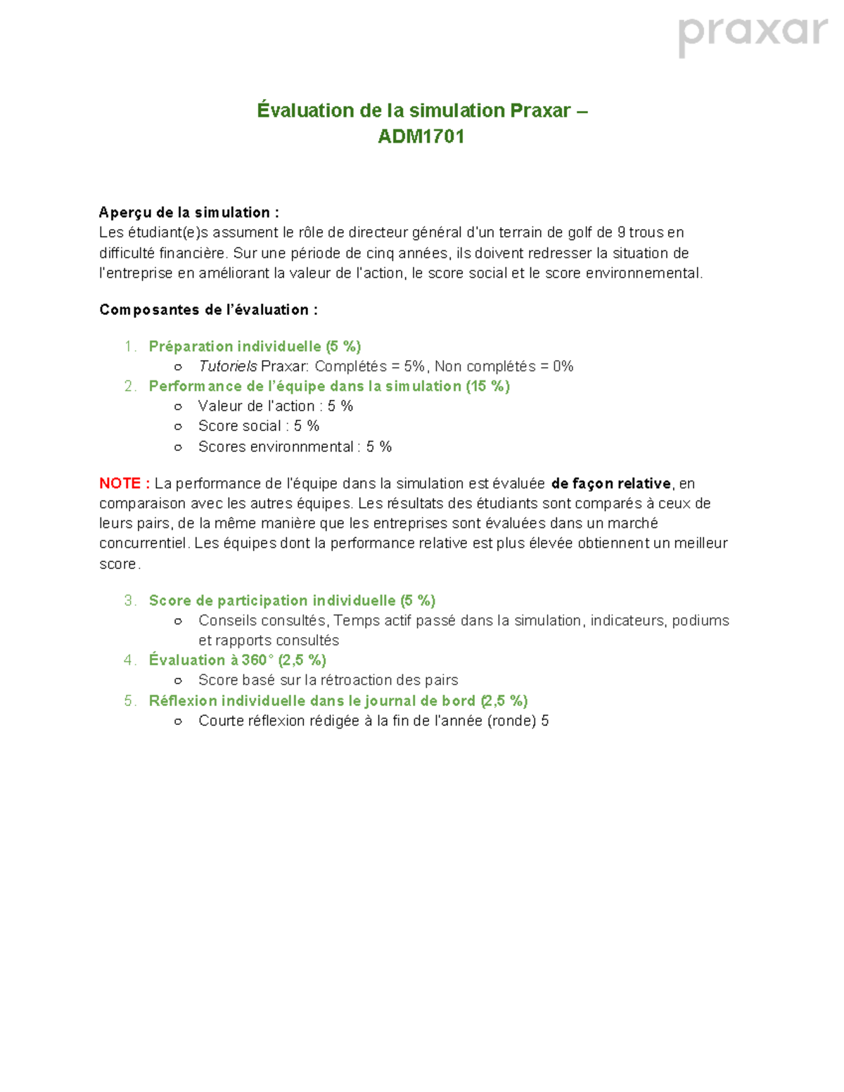 Évaluation de la simulation Praxar ADM1701 - Plan de notation détaillé ...