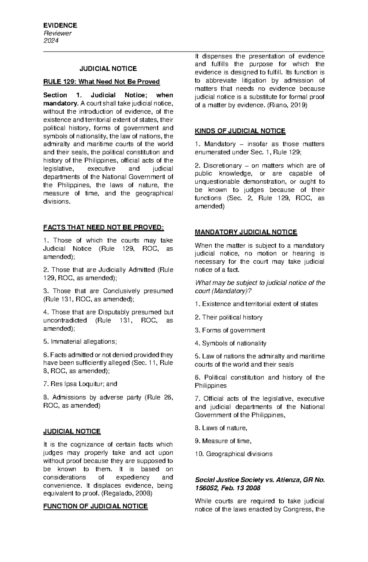 Evidence-Reviewer- Judicial Notice to Hearsay - Reviewer 2024 JUDICIAL ...