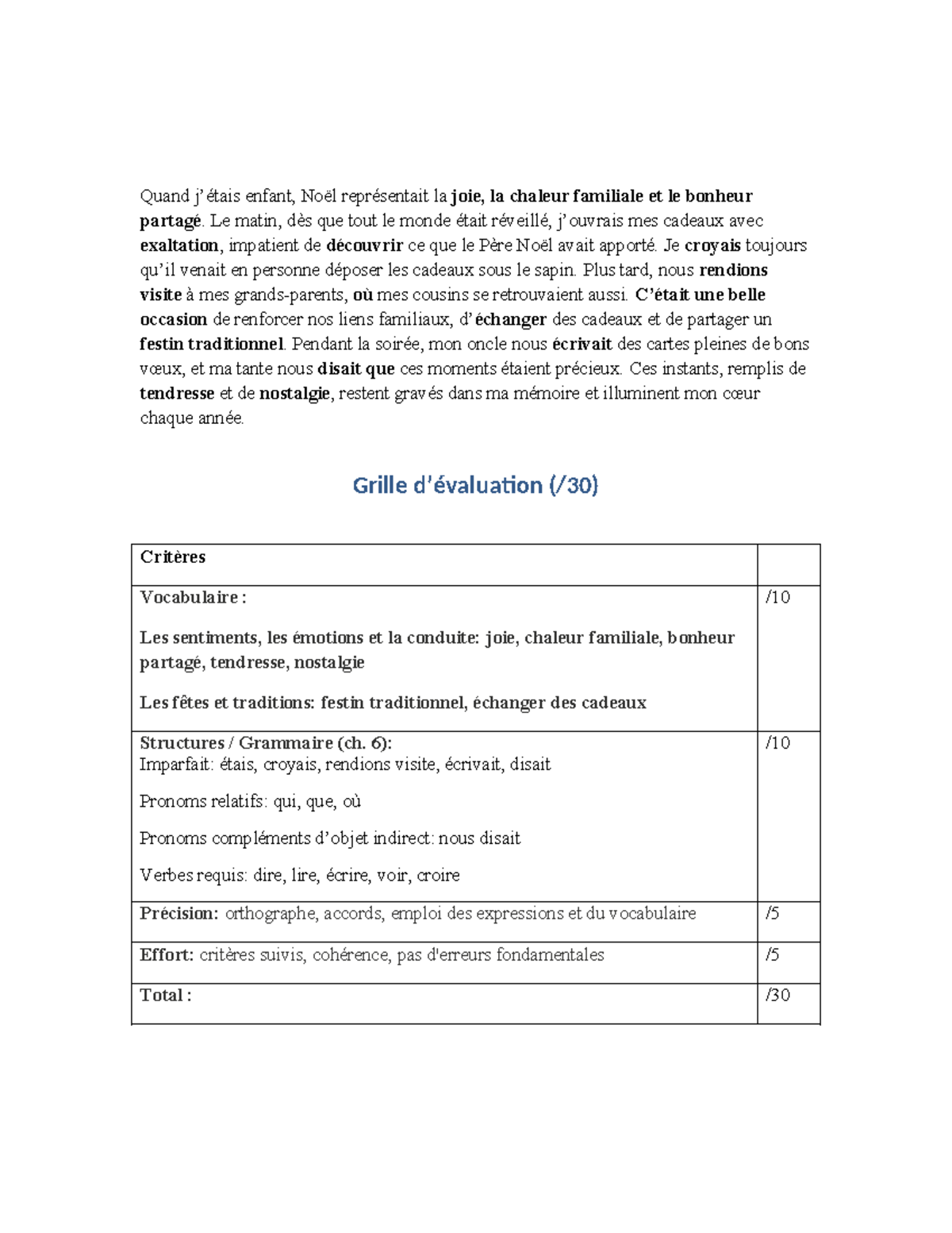 Grille-evaluation - Rubric - Quand j’étais enfant, Noël représentait la ...