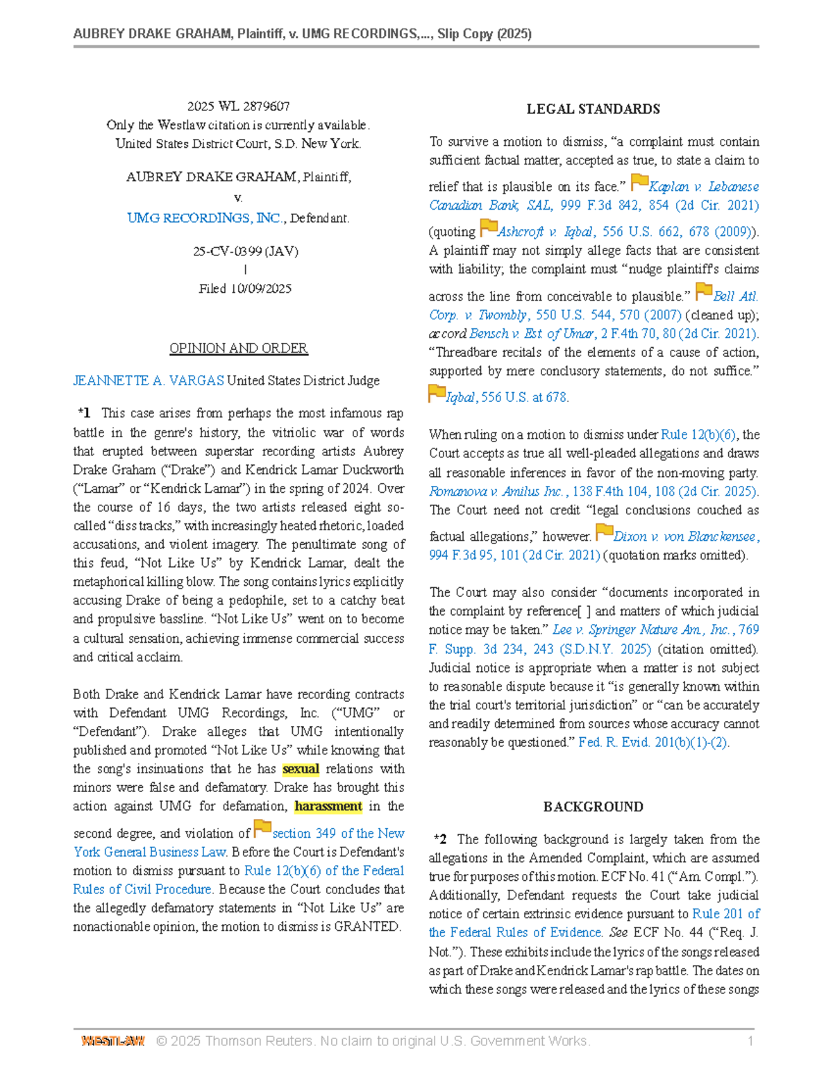 AUBREY DRAKE GRAHAM v. UMG RECORDINGS, INC.: Defamation Case Analysis ...