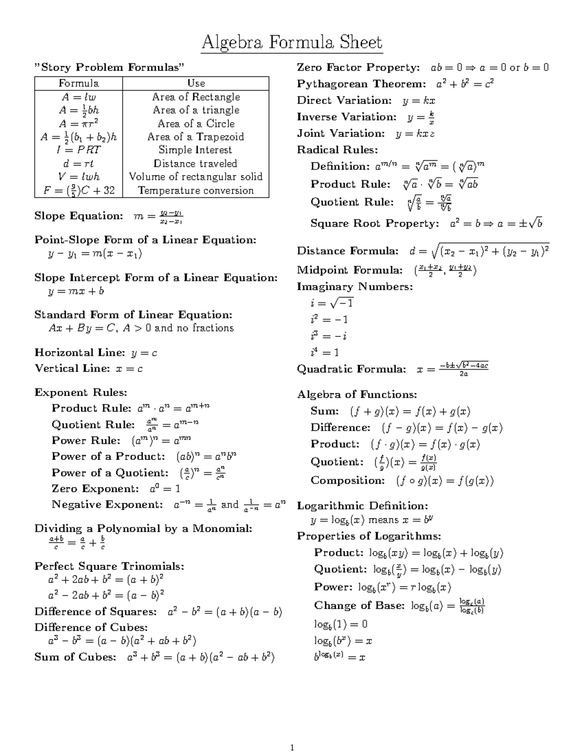 Main algebra-formula-sheet - Algebra Formula Sheet ”Story Problem ...