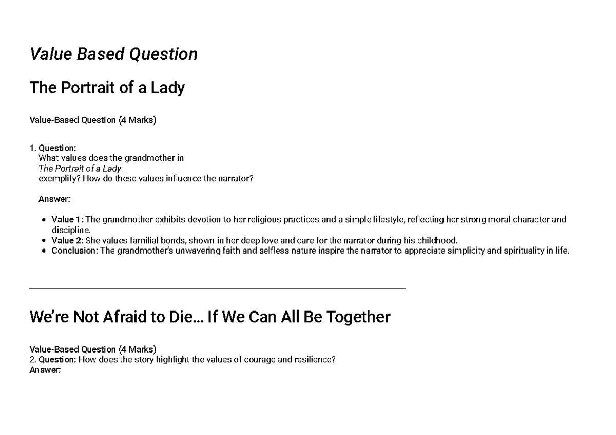 Value-Based Questions for Chapters in Literature: Analysis & Insights ...