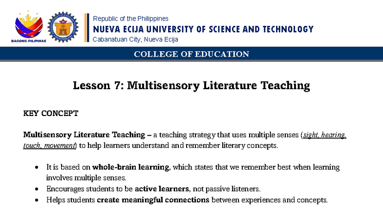 Lesson 7: Multisensory Literature Teaching (EDU 101) Reviewer - Studocu