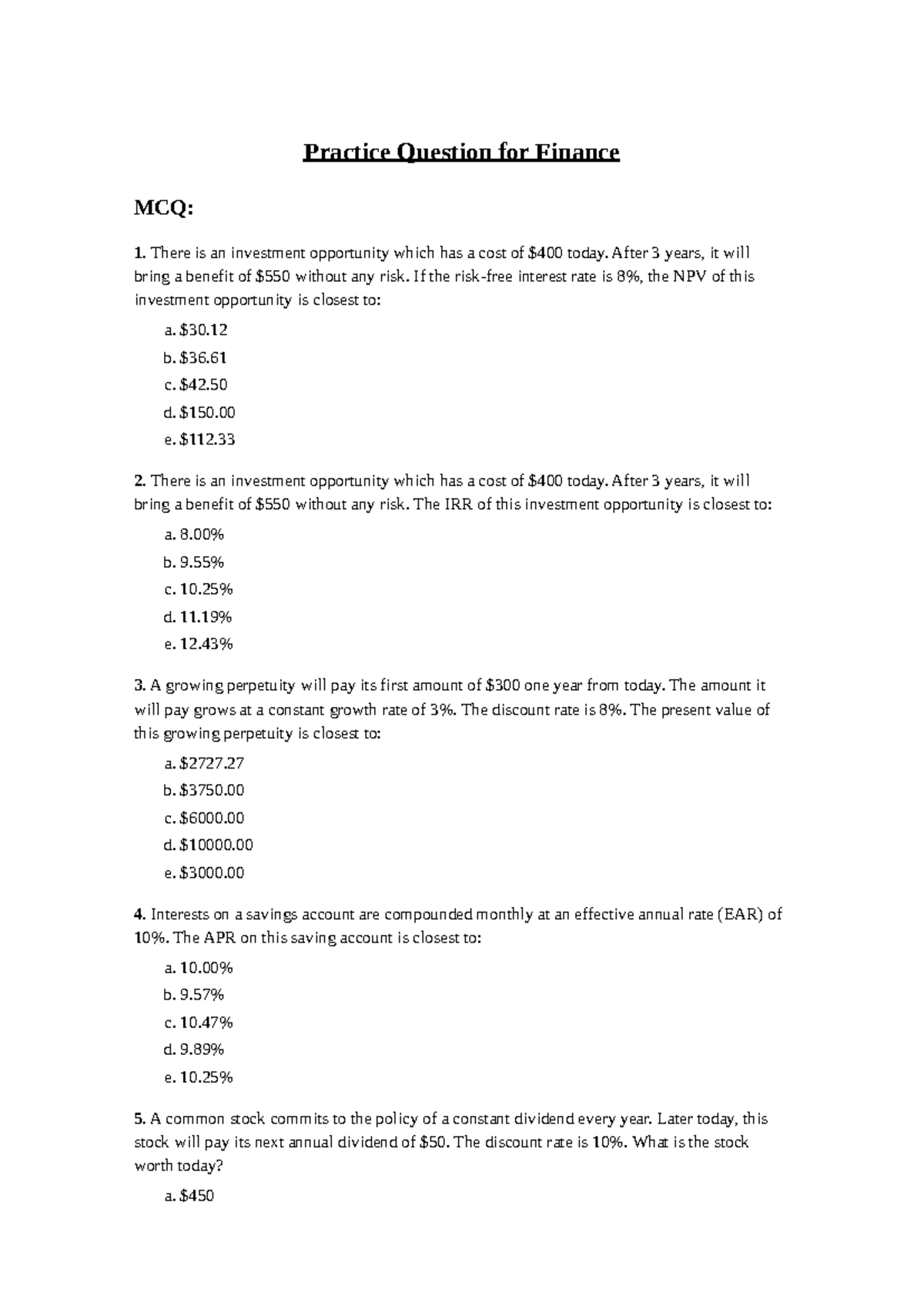 Finance Practice Paper & Solutions: MCQs & Long Questions - Studocu