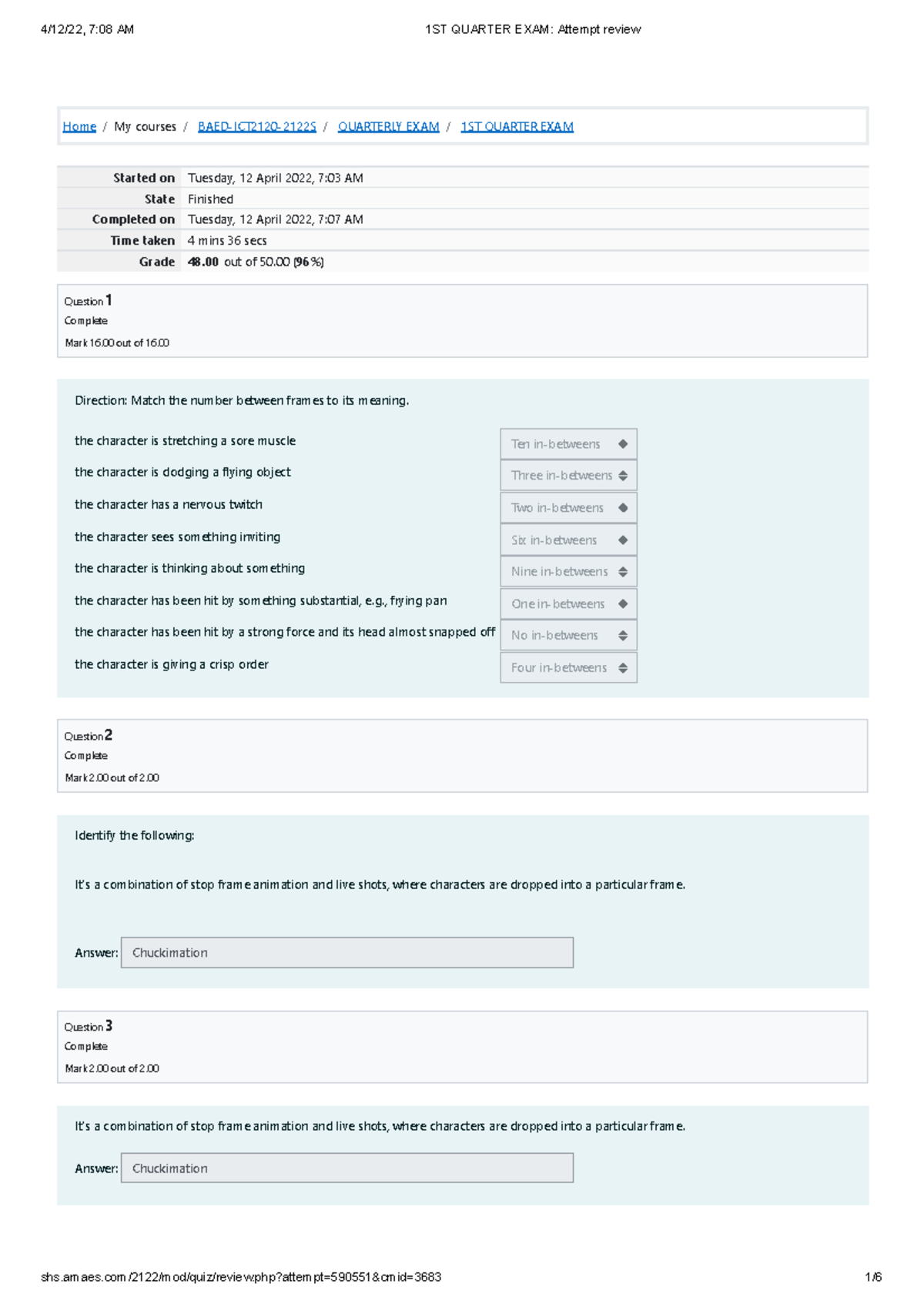 ICT2120 Animation ( NC II) Part 1 1ST Quarter EXAM Attempt review (48 ...