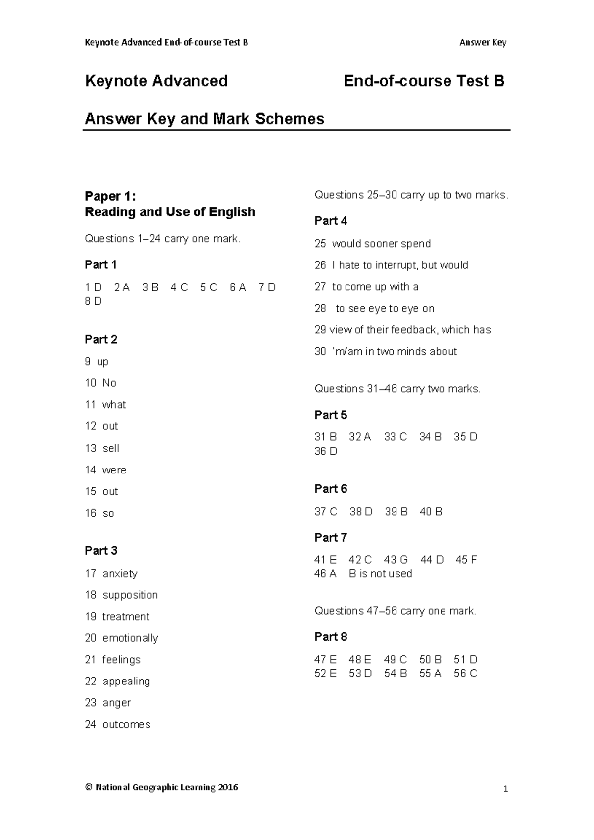 Keynote Adv End-of-Course Test B Answer Key & Mark Schemes - Studocu
