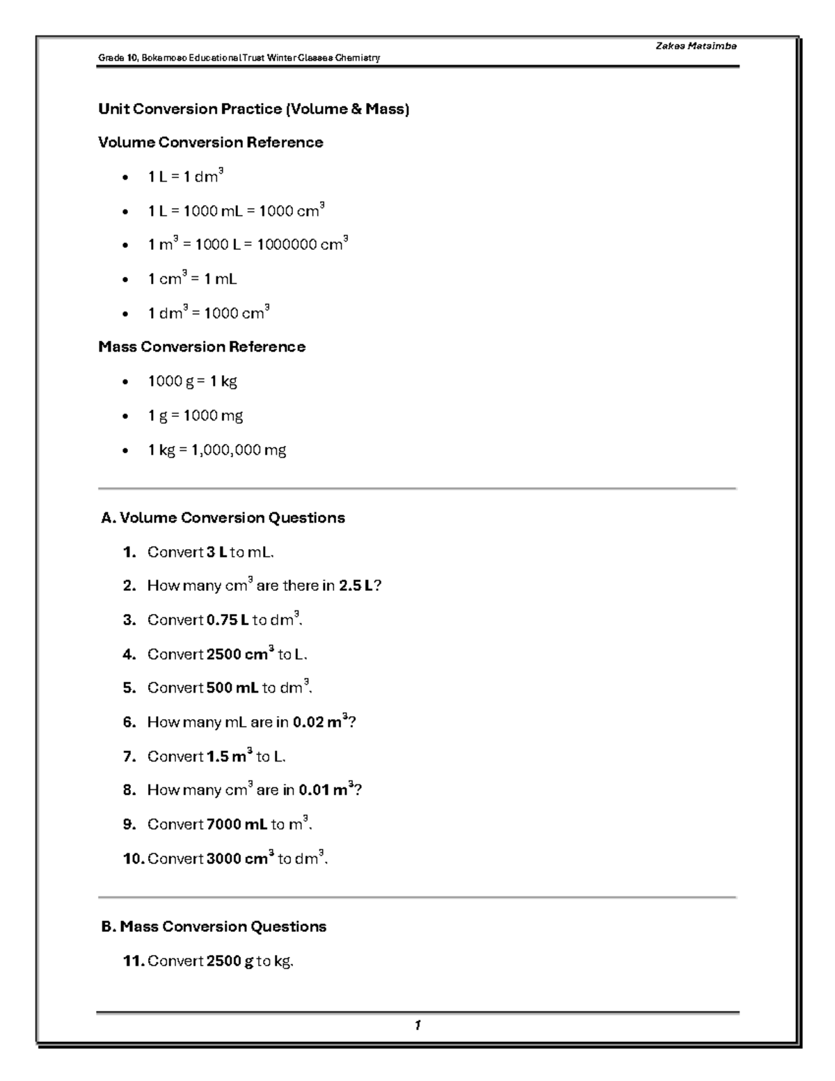 Chem 02 Winter Classes: Chemistry Unit Conversion & Practice Questions ...