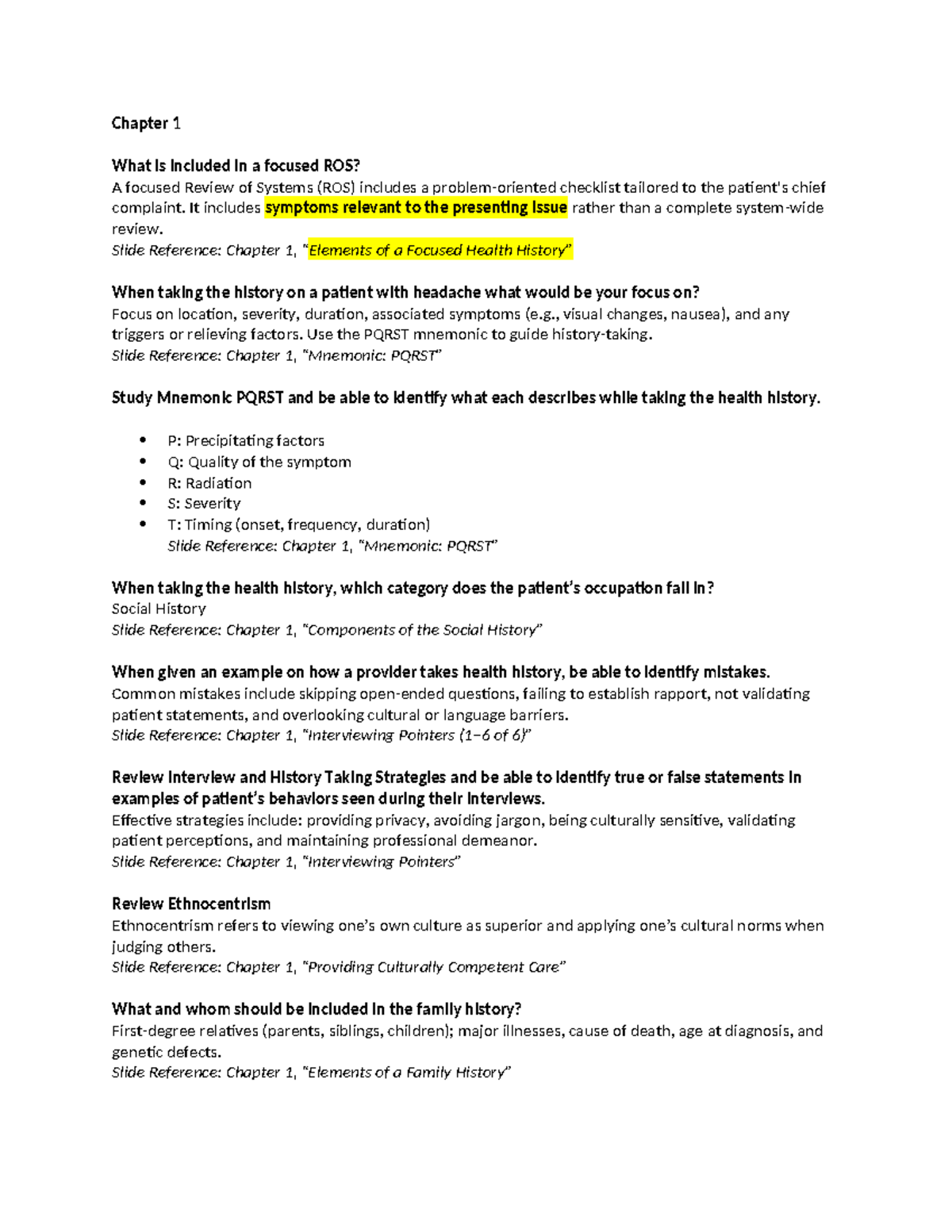 Health Assessment Exam 1 Study Guide: Focused Review of Systems - Studocu