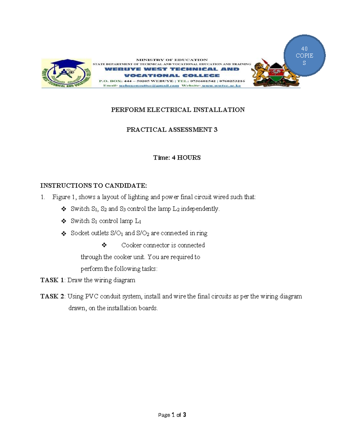 Electrical Installation Practical Assessment 3 (40 COPIES) - Studocu